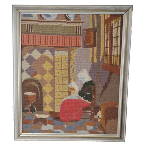 Art | Antique Handmade Needlepoint 1939 Picture Frame Colonial America ...